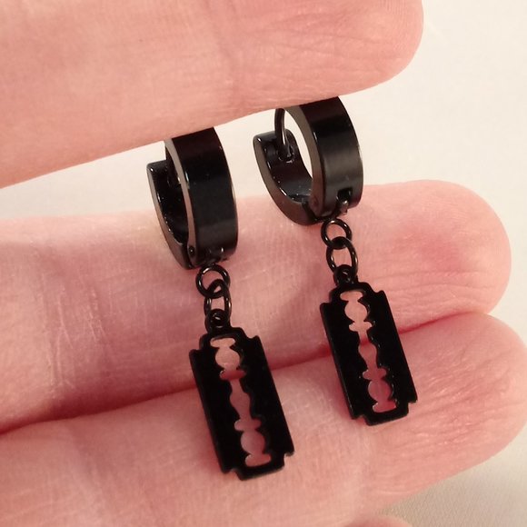 Accessories | Mens Black Stainless Steel Razor Blade Hoop Dangle ...